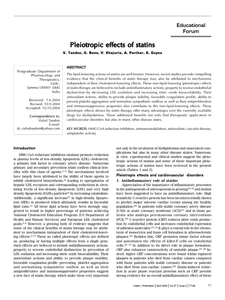2005 Pleiotropic Effects of Statins | PDF | Statin | Atherosclerosis