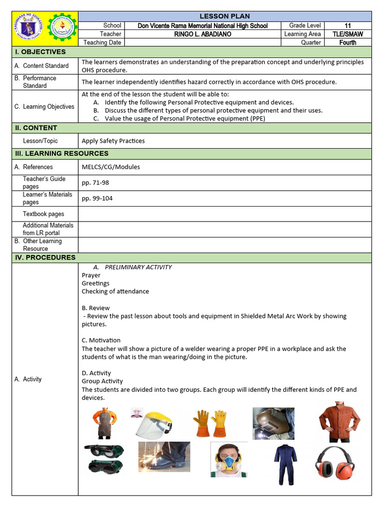 Lesson-Plan-Apply Safety Practices | PDF | Personal Protective ...