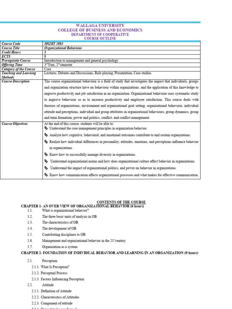 OB Course Outline | PDF | Attitude (Psychology) | Motivational