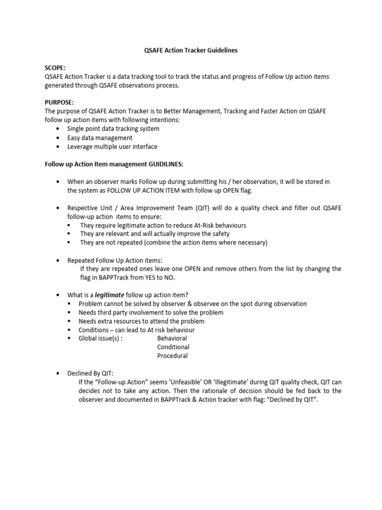 QSAFE Action Tracker Guidelines | PDF | Computing | Information Technology