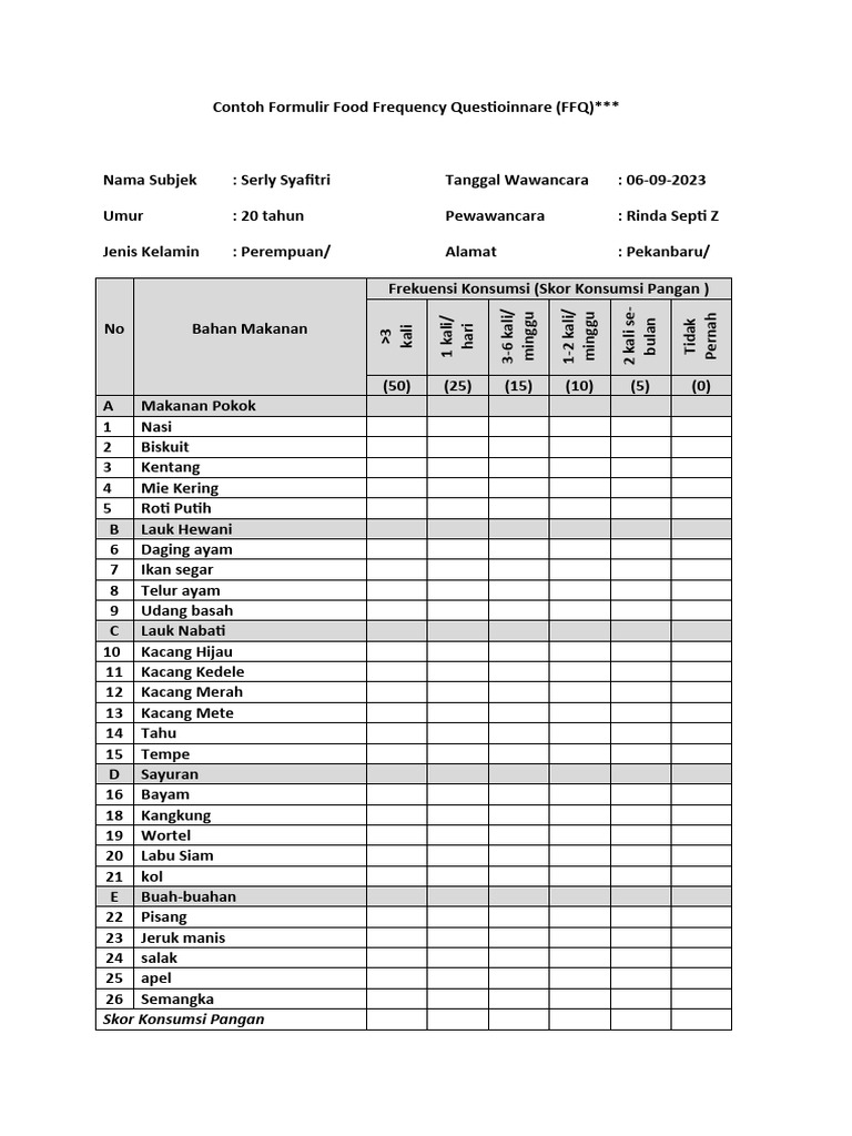 Formulir FFQ untuk Konsumsi Makanan | PDF