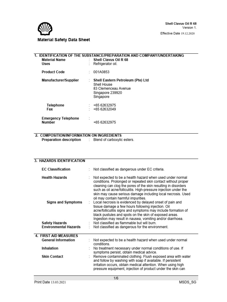Shell Clavus R 68 Sds | PDF | Personal Protective Equipment | Toxicity