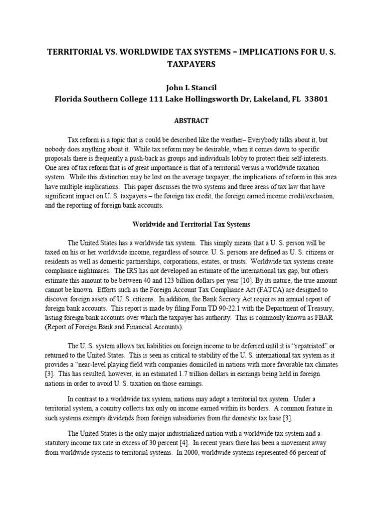 TERRITORIAL VS. WORLDWIDE TAX SYSTEMS p130424003 | PDF | Irs Tax Forms ...
