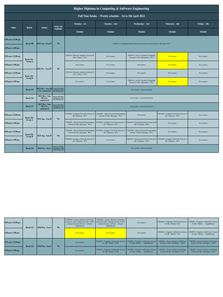 HD Cse Amended Weekly Schedule 1st To 5th April 2024 | Download Free ...