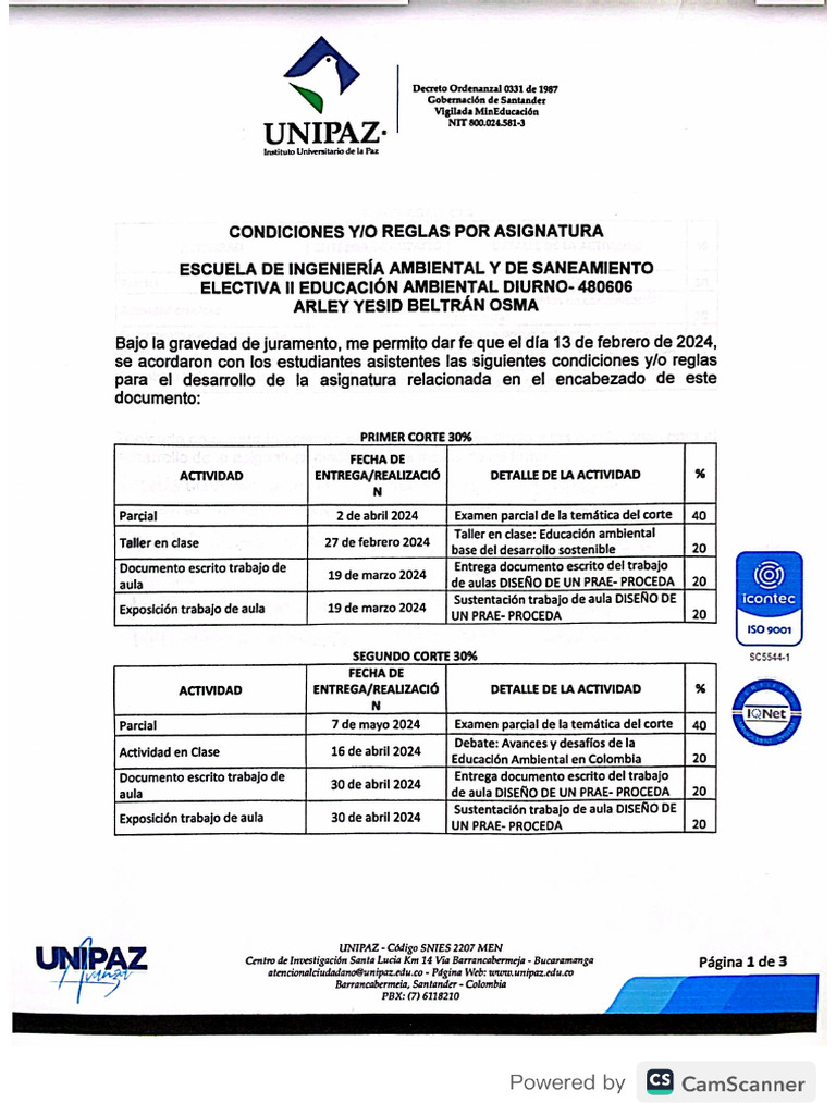 Electiva 2 Edu. Ambiental Diurno, PACTO de AULA | PDF