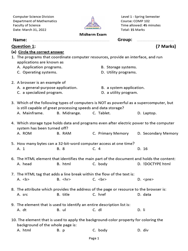 Midterm 2090 Comp 102 | PDF | Html | Computer Engineering