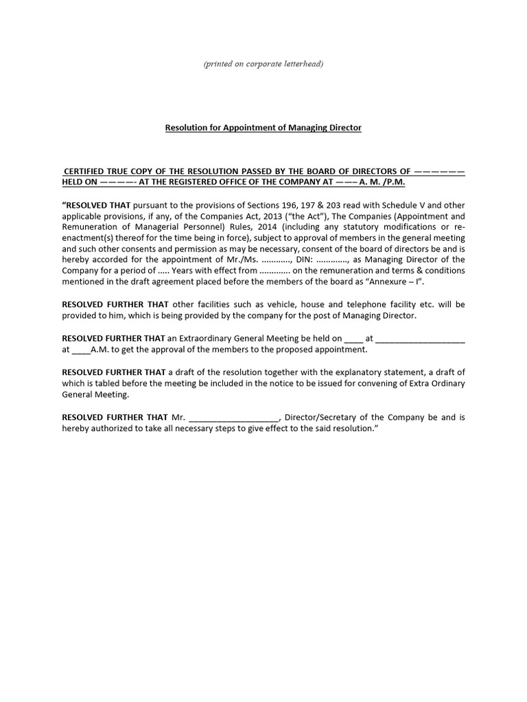 Managing Director Appointment Resolution | PDF