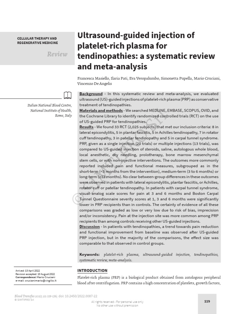 Masiello F. 2023. Ultrasound Guided Injection of PRP For Tendinopathies ...