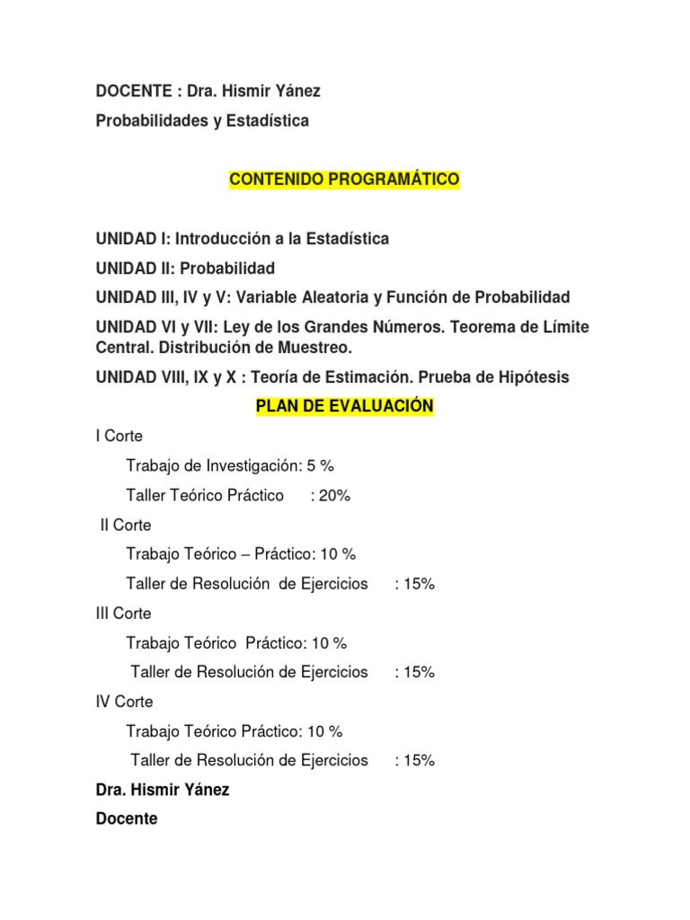 Probabilidades Contenido Programático y Evaluaciones | PDF