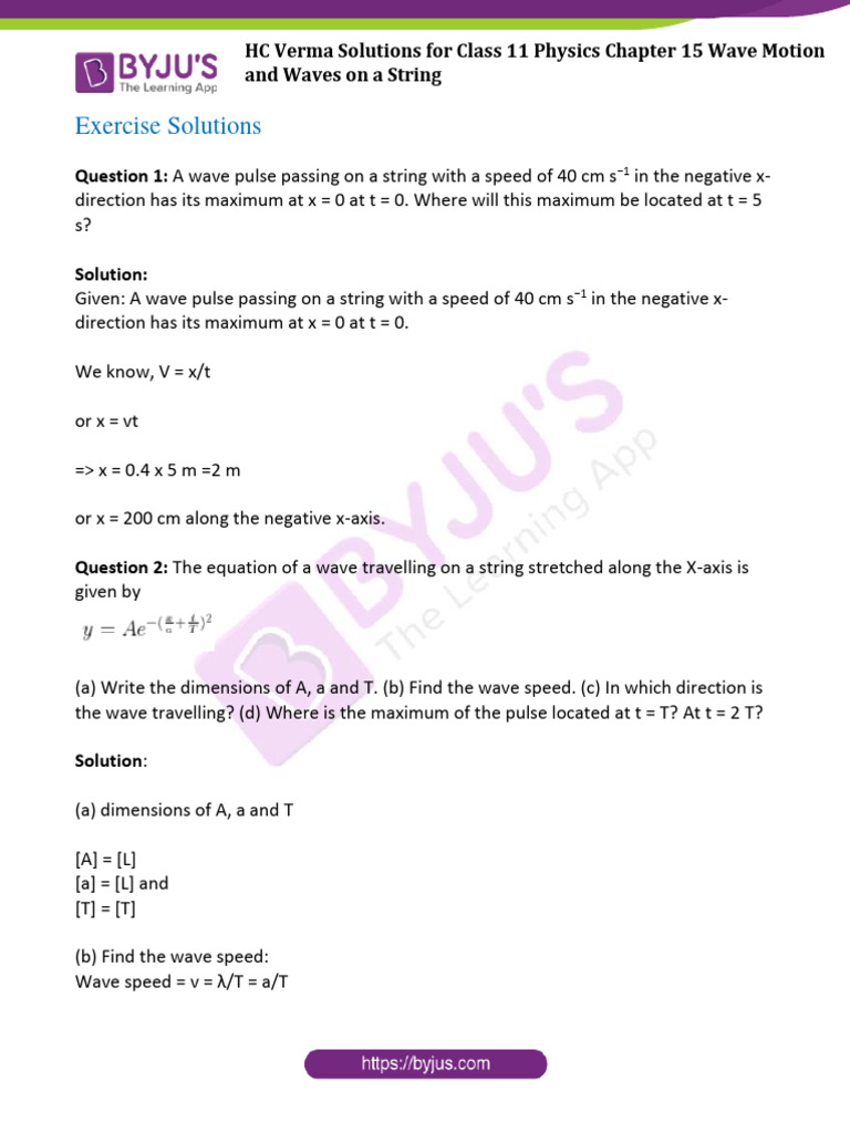 HC Verma Solution Class 11 Physics Chapter 15 Wave Motion and Waves On A String | PDF | Waves ...