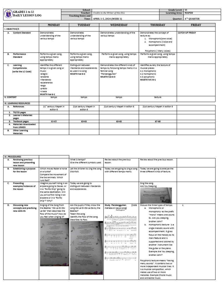DLL - Mapeh 6 - Q4 - W1 | PDF | Tempo | Songs