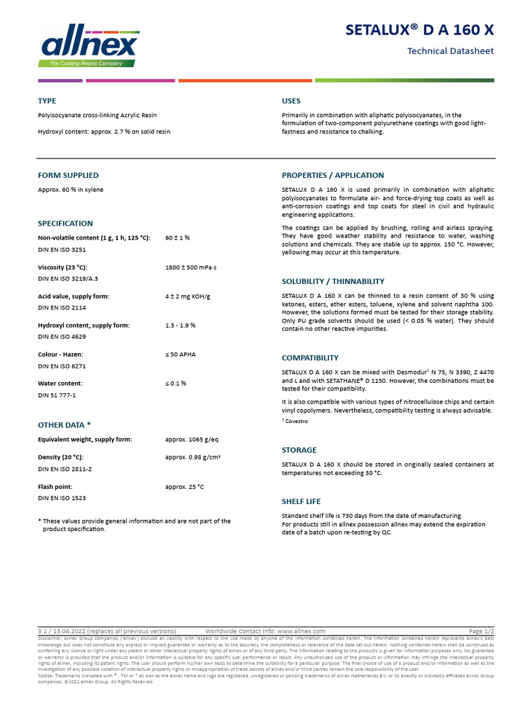 Setalux D A 160 X - en - A4 | PDF | Solvent | Polyurethane