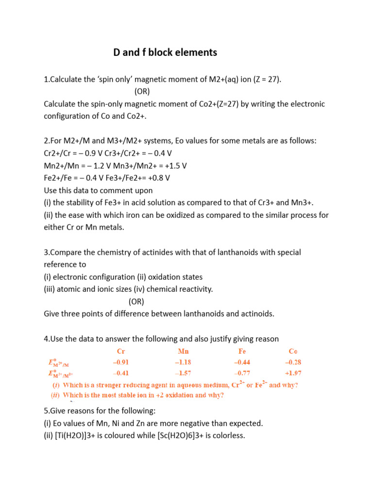 D and F Block Elements | PDF | Transition Metals | Lanthanide