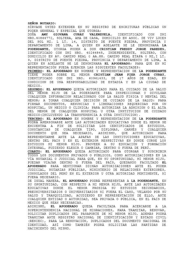 Poder para Menor Sra, Amy Giovana Curay Valenzuela | PDF | Documento de ...