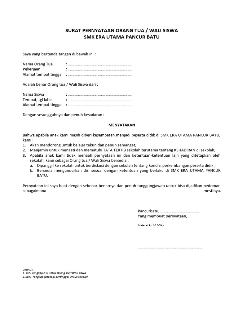 Surat Pernyataan Orang Tua | PDF