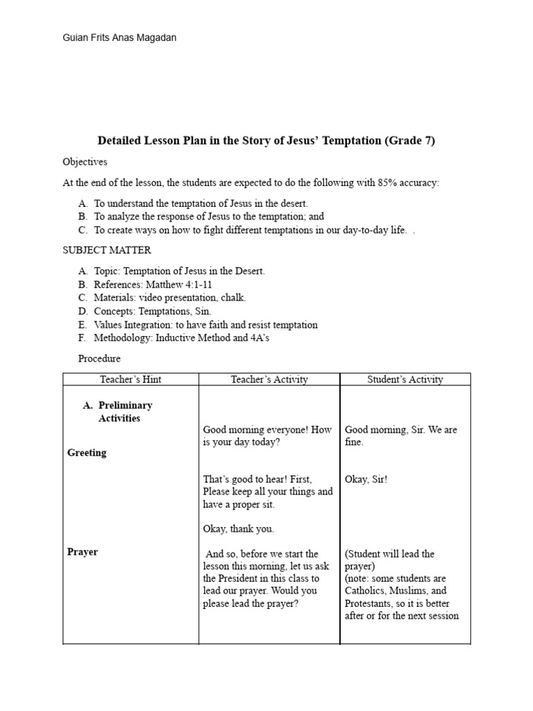 Detailed Lesson Plan in The Story of Jesus' Temptation (Grade 7) | PDF ...
