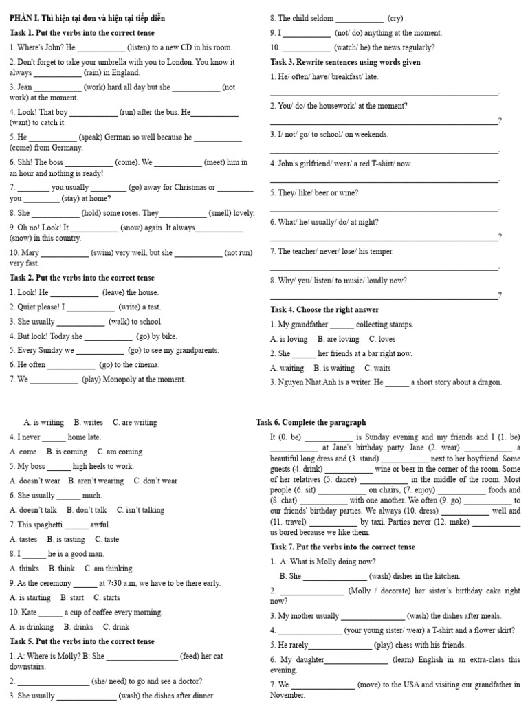 Present Tenses Practice Exercises | PDF