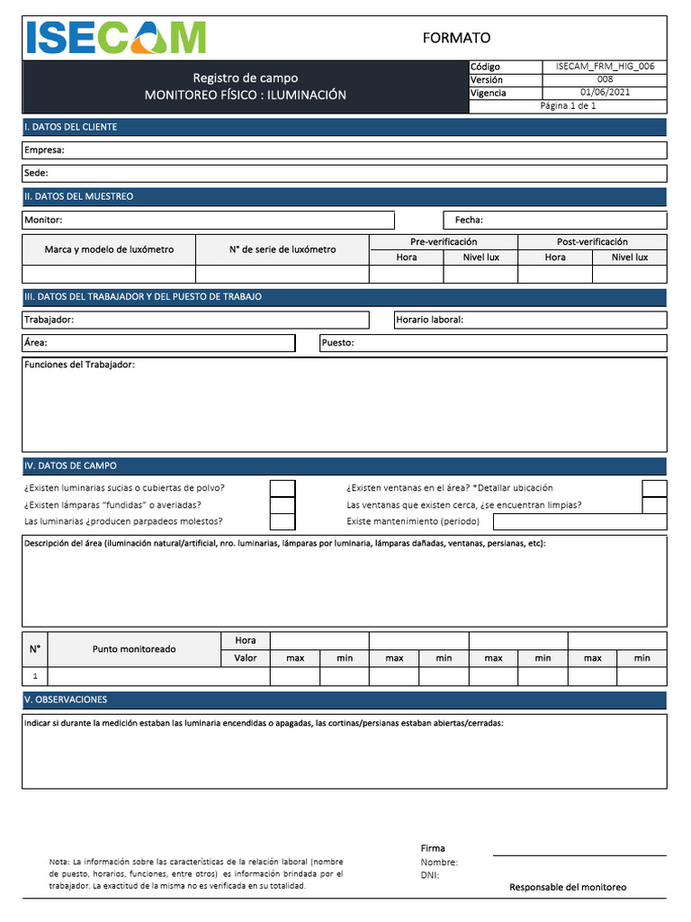 Isecam - FRM - Hig - 006 - Fisico - Iluminacion v8 | PDF