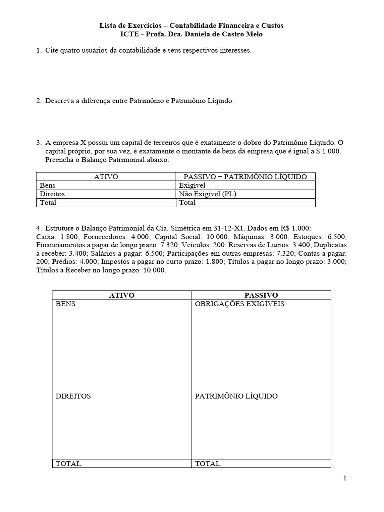 02 - Lista de Exercício - Contabilidade Financeira e Custos - 2024-1 | Download grátis PDF ...