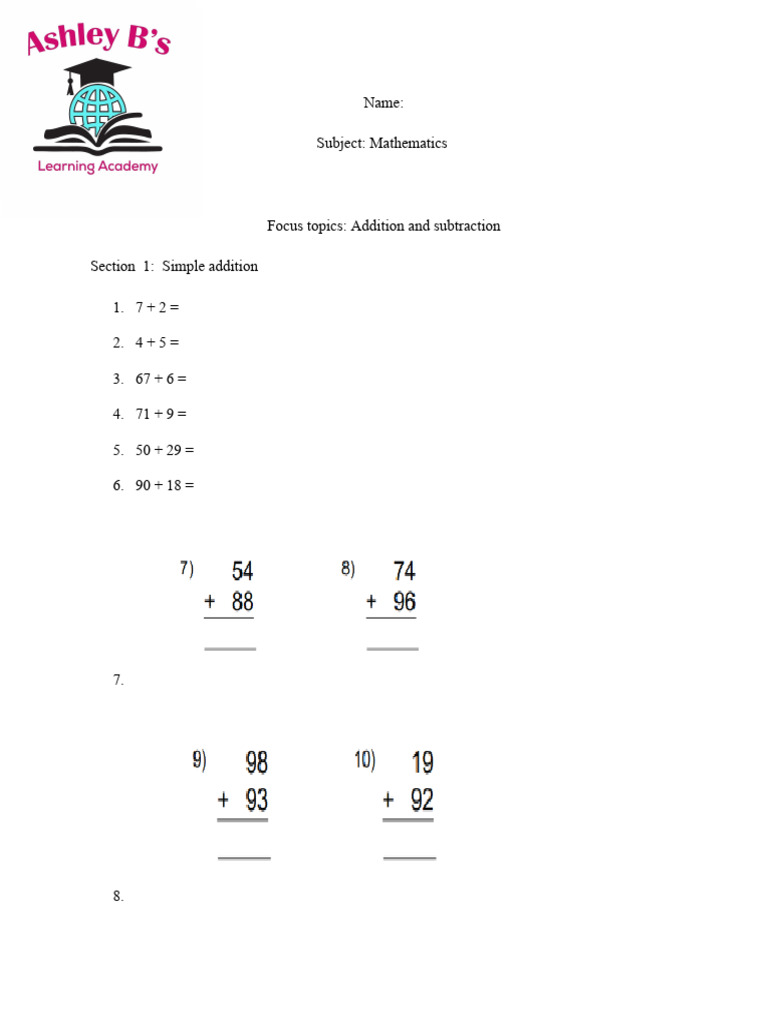 mathematics-addition-and-subtraction-std-2-test-pdf