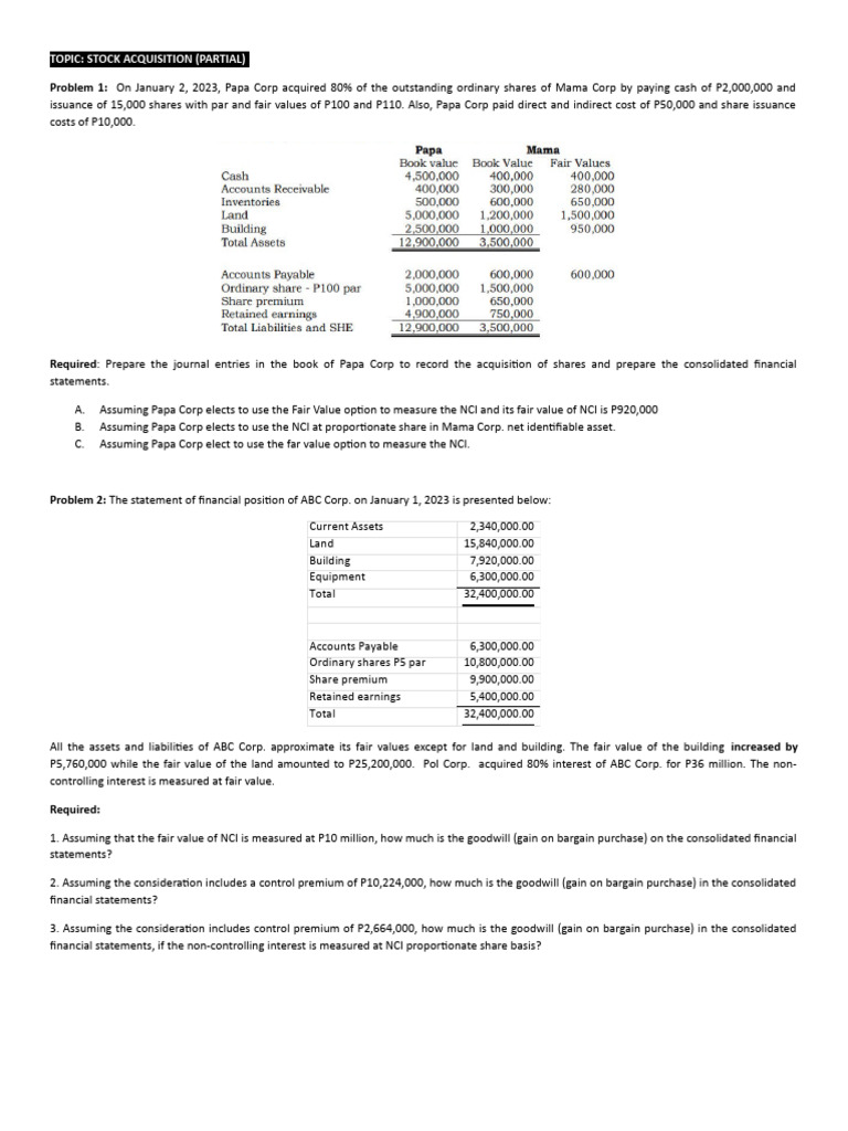 Stock Acquisition (PARTIAL) - Practice Problems | PDF | Goodwill (Accounting) | Investing