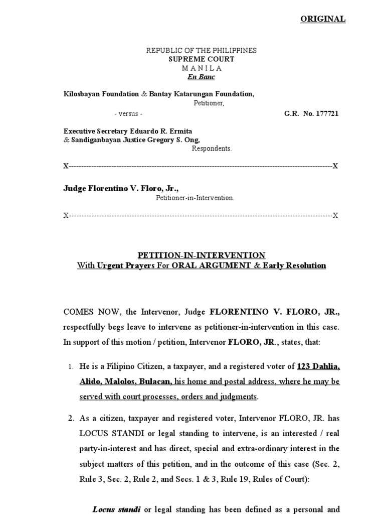 Gregory S. Ong PETITION-IN-INTERVENTION | Standing (Law) | Intervention ...
