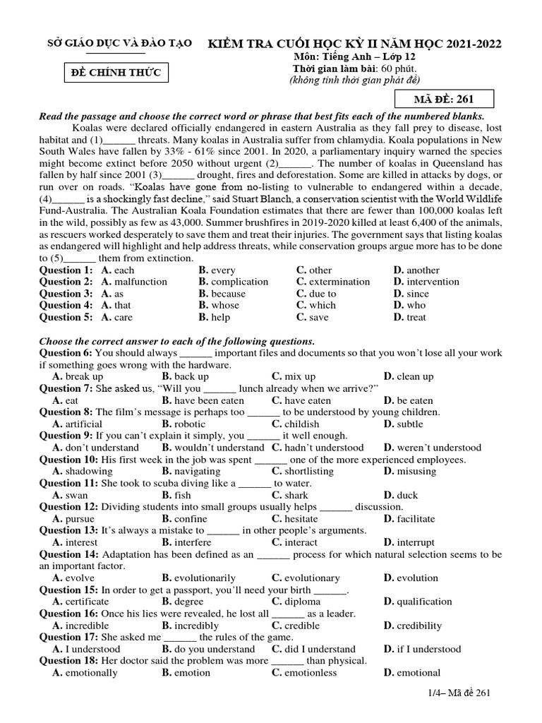 De Kiem Tra Cuoi Hoc Ky 2 Tieng Anh 12 Nam 2021 2022 So GDDT Binh Duong | PDF | Learning ...