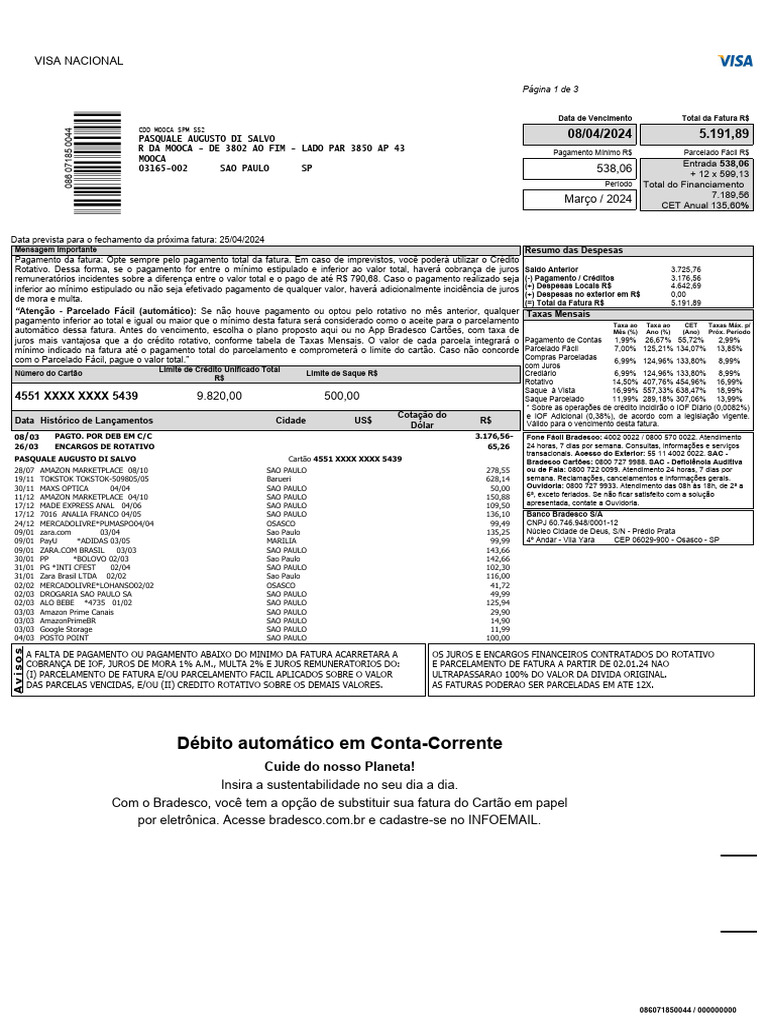 Fatura Eletrônica do Cartão Bradesco | PDF | Cartão de crédito | Dinheiro