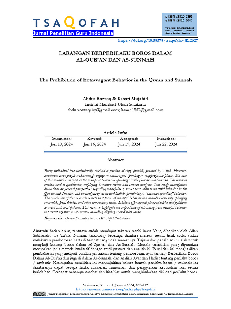 Larangan Berperilaku Boros Dalam Al-Quran Dan As | PDF
