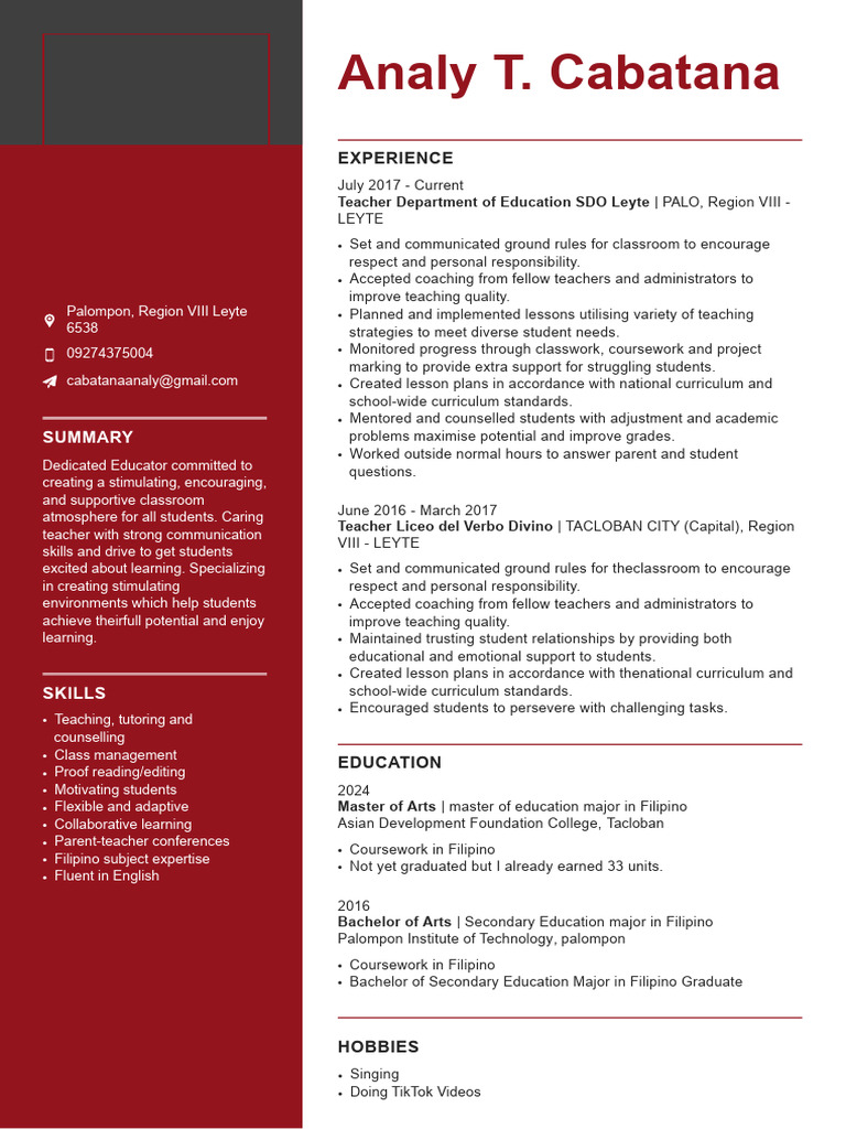 Analy Cabatana CV 2 | PDF | Teachers | Lesson Plan