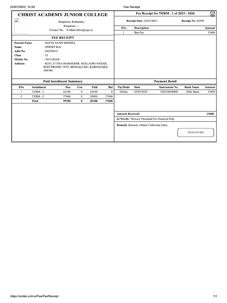 Bus Fees Term 1 20203 | PDF