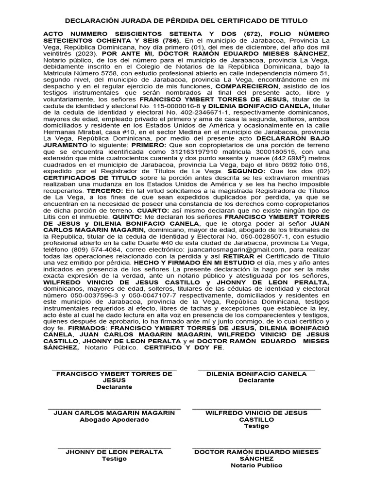 Declaración Jurada de Pérdida Del Certificado de Titulo | PDF | República Dominicana | Documento ...