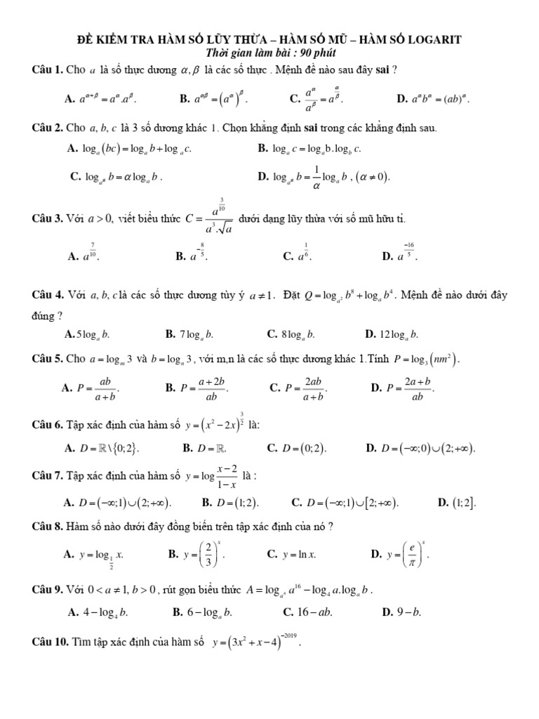 Kiểm Tra Chuyên Đề Mũ, Logarit | PDF