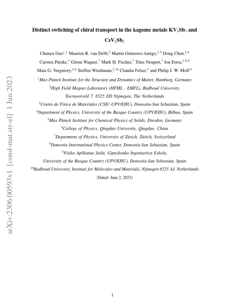 Chiral Transport in KV3Sb5 vs CsV3Sb5 | PDF | Electrical Resistivity And Conductivity ...