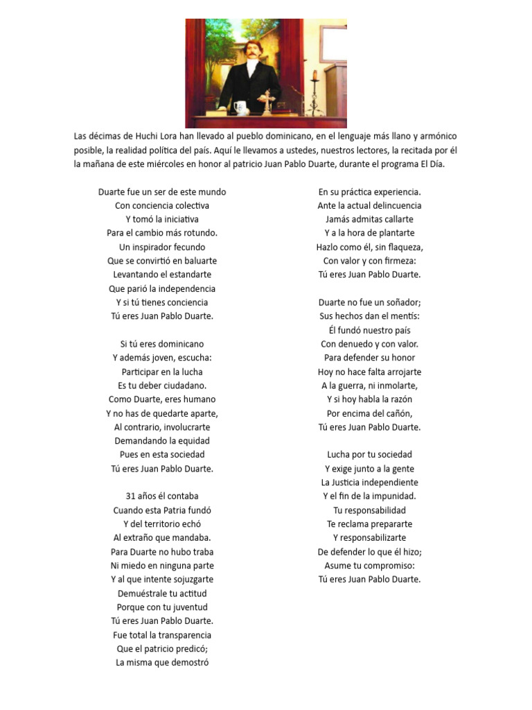 Tú Eres Juan Pablo Duarte Una Décima de Huchi Lora | PDF