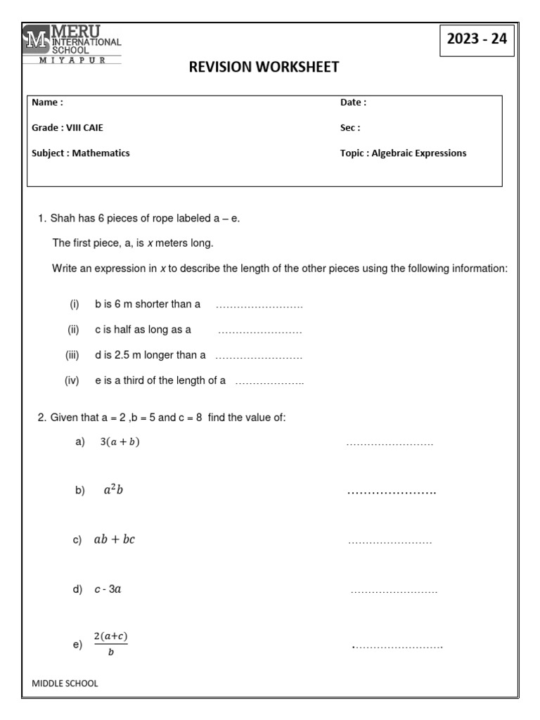 8 CAIE - Mathematics - Revision Worksheet - Algebra - 35 Copies | PDF ...
