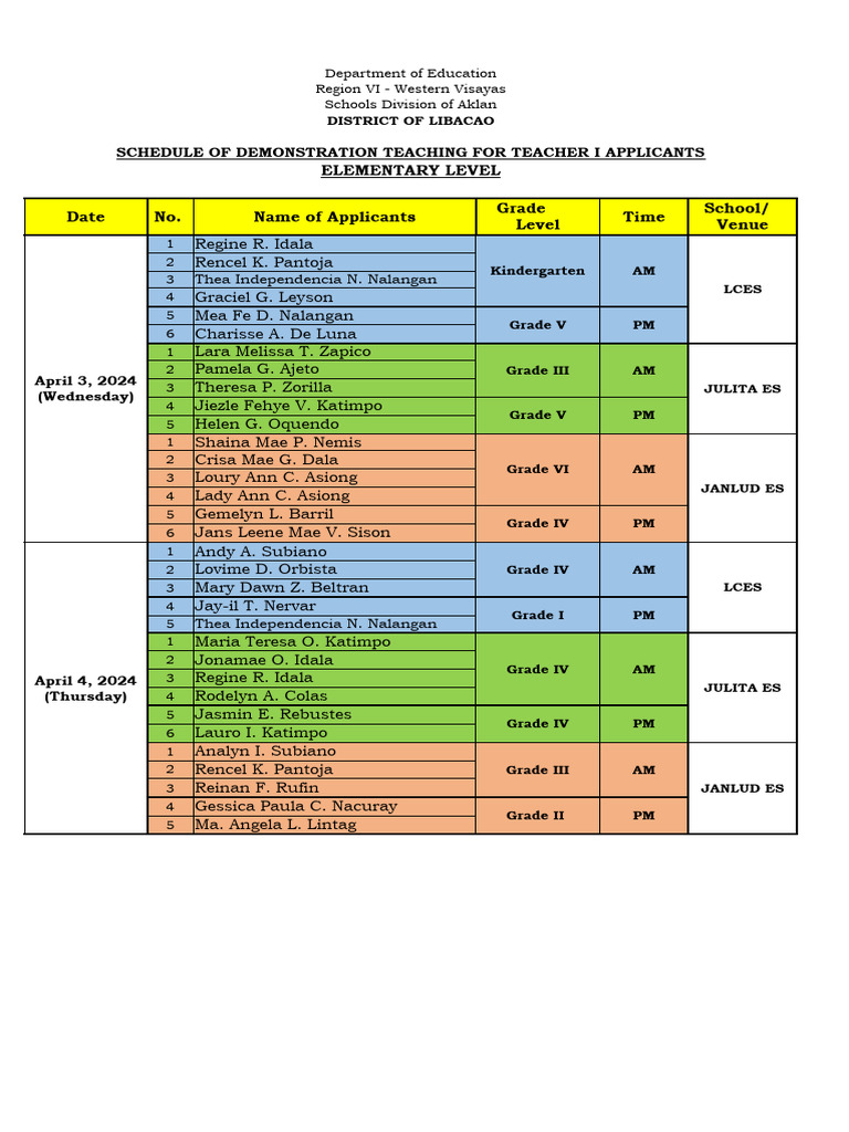 Demo Teaching Schedule for Teacher I Applicants | PDF