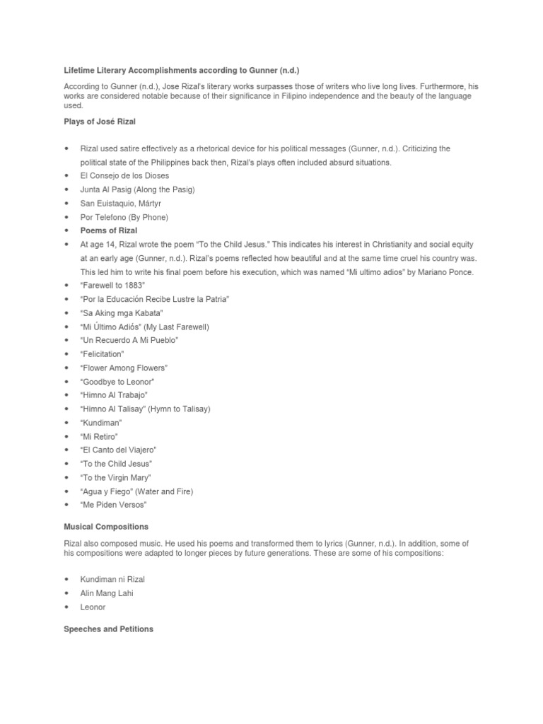 Lifetime Literary Accomplishments According To Gunner | PDF | Tagalog ...