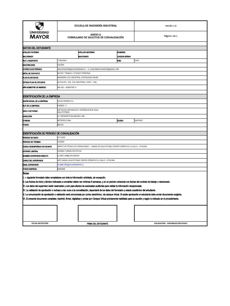 Anexo A - Formulario Solicitud de Convalidación (EICI126-2021) | PDF
