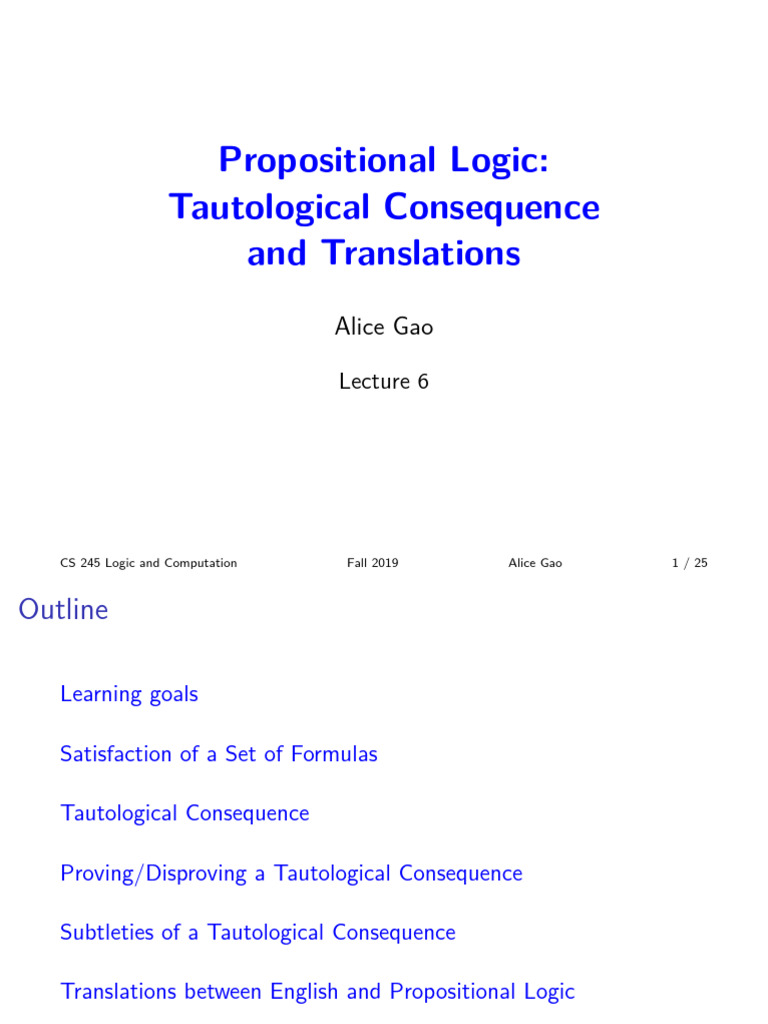 Lec06 Prop Tautological Consequence Translations Nosol | PDF | Logic | Mathematical Logic