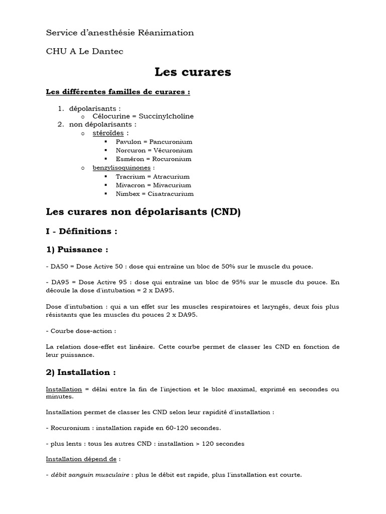Les Curares en Anesthésie: Types et Effets | PDF | Allergie ...