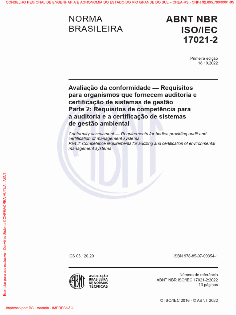 Norma Brasileira: Abnt NBR Iso/Iec 17021-2 | PDF | Conformidade ...