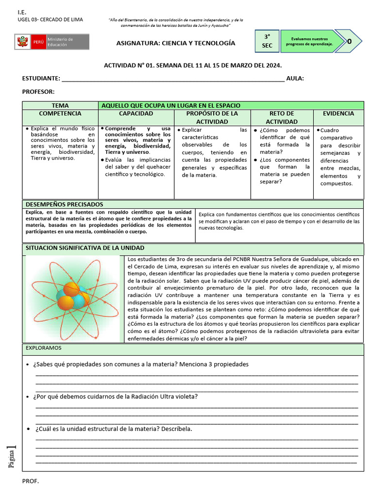 3°sec - UNIDAD 0 - ACTIVIDAD 1 (CyT Explica 2024) - Aquello Que Ocupa Un Lugar en El Espacio ...