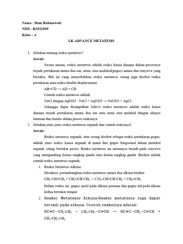 Reaksi Metatesis: Definisi dan Contoh | PDF