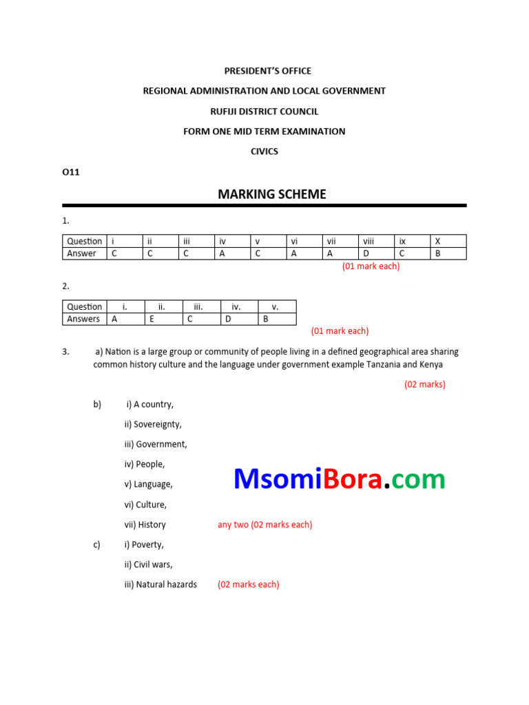 Civics f1 Marking Scheme | PDF | Rights | Citizenship