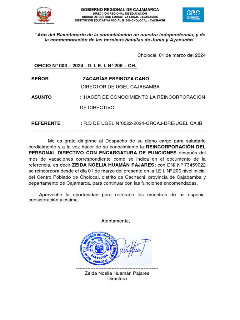 Oficio 003 - 2024 Reincorporación de Directora | PDF