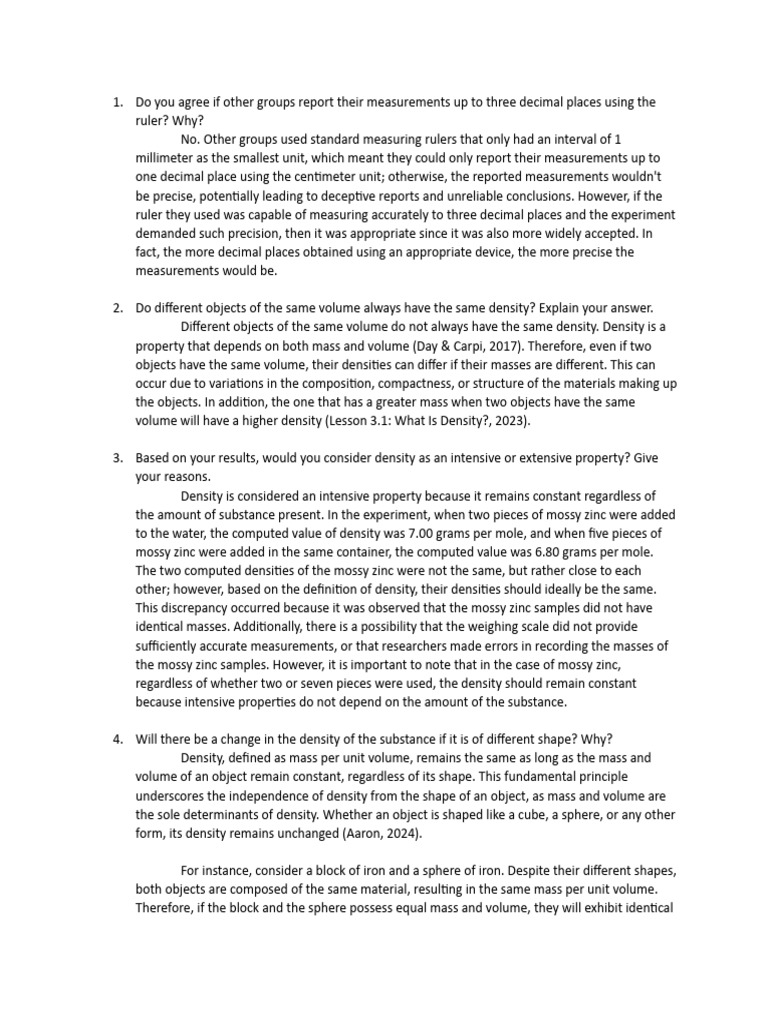 Post Lab Experiment 2 | PDF | Density | Mass