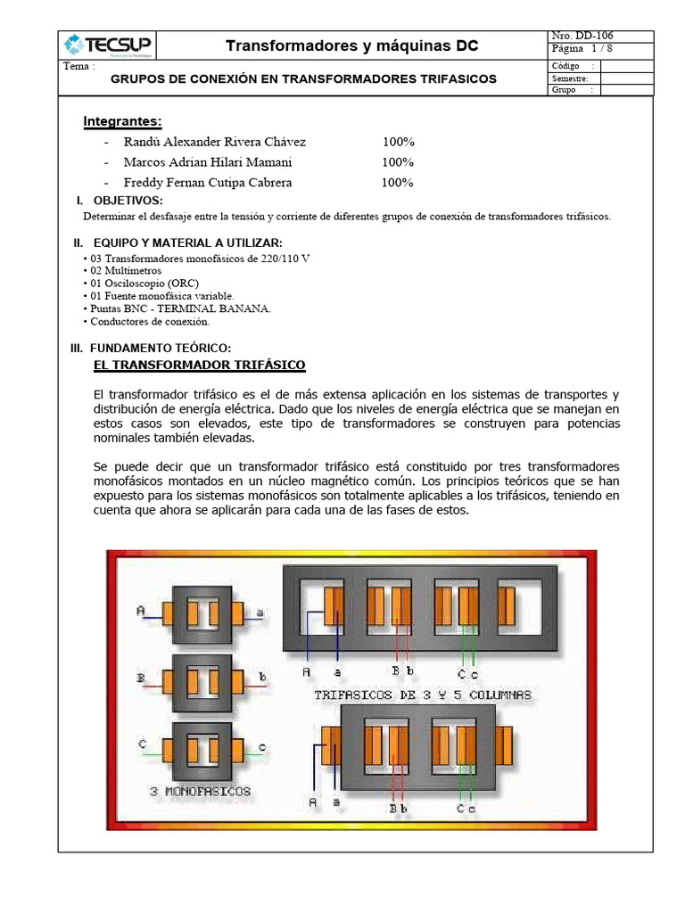 Laboratorio 05 - 2021 - 2 CONEXIÓN EN TRANSFORMADORES TRIFASICOS | PDF | Transformador ...