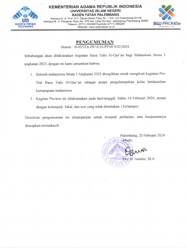 Pre-Test Baca Tulis Al-Qur'an 2024 | PDF