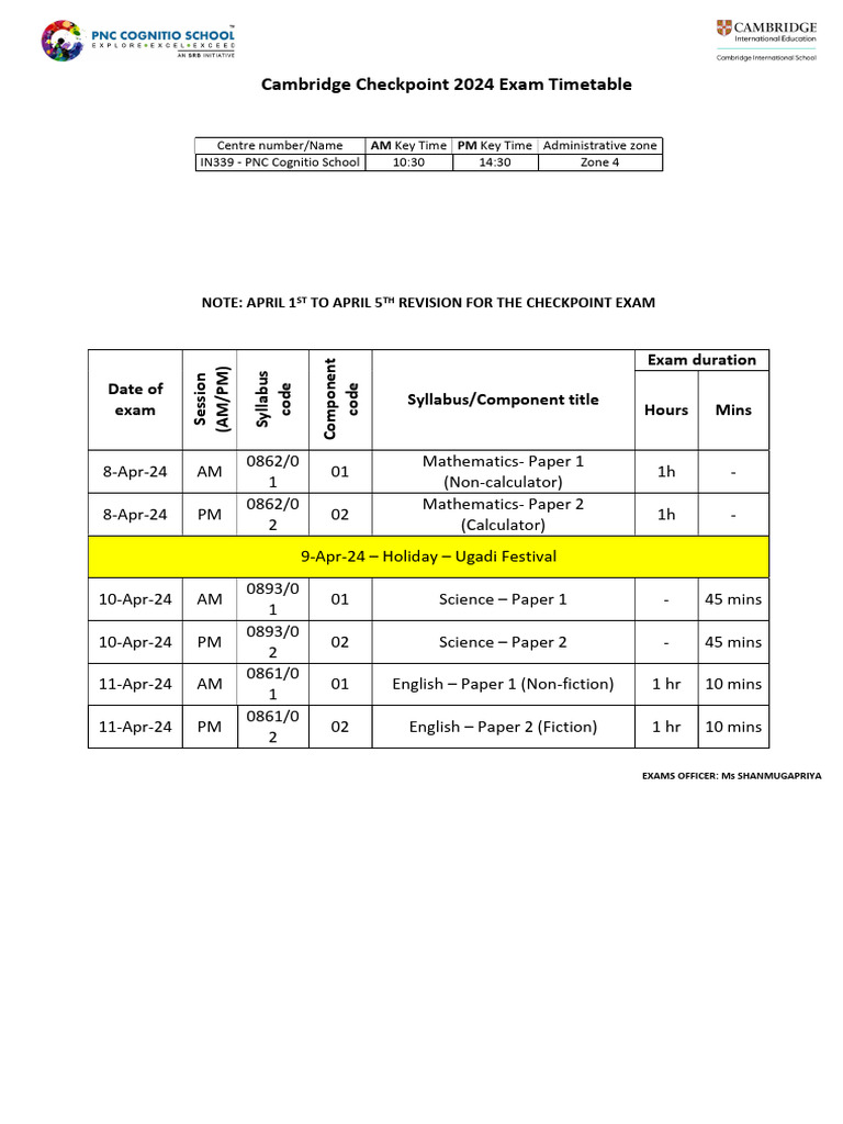 Lower Secondary Checkpoint Timetable | PDF